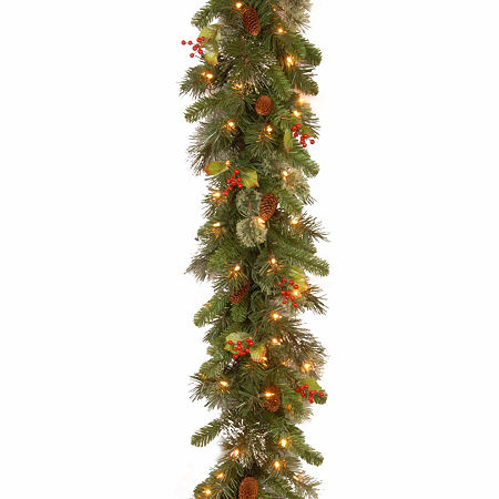 National Tree Company 9 Wintry Pine Garland With Cones  Red Berries  Snowflakes & 100 Clear Lights - Green