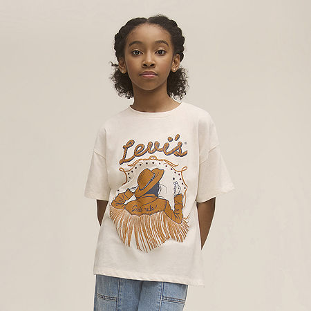 Levis Big Kid Girls Crew Neck Short Sleeve Oversized Graphic T-Shirt  Large  Beige