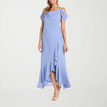 R & M Richards Cold Shoulder Womens Short Sleeve Evening Gown  16  Blue