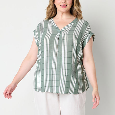 Liz Claiborne Womens Plus V Neck Short Sleeve Blouse  0x  Green
