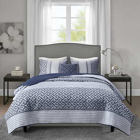 Madison Park Bennett Reversible Jacquard 4-Pc. Quilt Set  Full/Queen - Navy