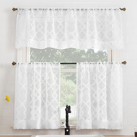 Tina Geometric Clipped Semi-Sheer Rod Pocket Kitchen Curtain Valance and Tiers Set - White