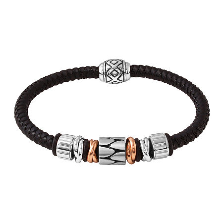 Click here for Mens Stainless Steel and Black Leather Bracelet  O... prices