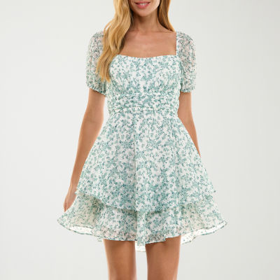 City Triangle Womens Short Sleeve Floral Fit + Flare Dress Juniors ...