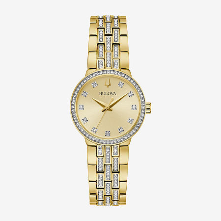 Bulova Womens Crystal Gold-Tone Stainless Steel Bracelet Watch 29mm Gift Set