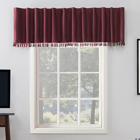Evelina Faux Dupioni Silk Beaded Tassels Thermal Extreme 100 Blackout Back Tab Curtain Valance - Bordeaux