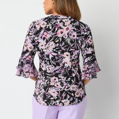 Black Label by Evan-Picone Floral Womens Split Crew Neck 3/4 Sleeve ...