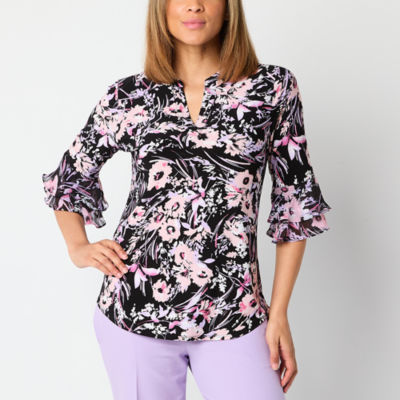 Black Label by Evan-Picone Floral Womens Split Crew Neck 3/4 Sleeve ...