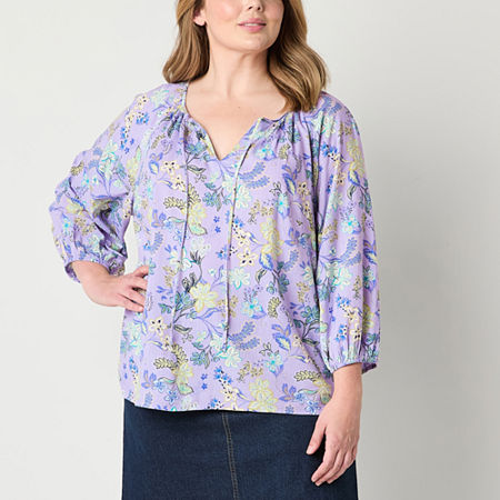 St. Johns Bay Womens Split Crew Neck Long Sleeve Plus Blouse  3x  Purple