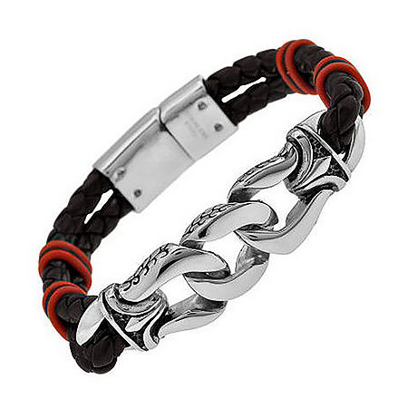 Click here for Stainless Steel Black Leather & Red Bead Mens Brac... prices