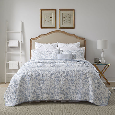 Laura Ashley Amberley Cotton Reversible 3-Pc. Quilt Set  King - Soft Blue