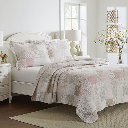 Laura Ashley Celina Patchwork 3-Pc. Quilt Set  Full/Queen - Pink  Sage