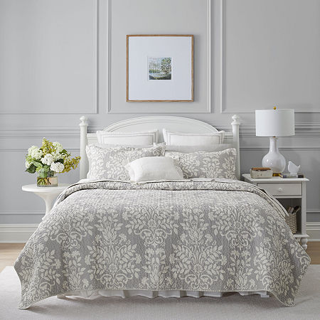 Laura Ashley Rowland Cotton Reversible 2 Piece Quilt Set  Twin - Gray