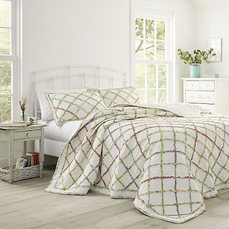 Laura Ashley Ruffle Garden Appliqued Diamond Cotton Quilt  Full/Queen - Cream Multi