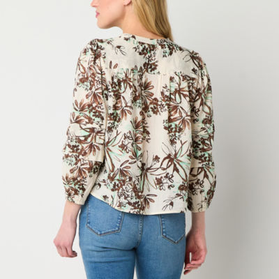 a.n.a Womens Split Crew Neck Long Sleeve Blouse, Color: Faye Floral ...