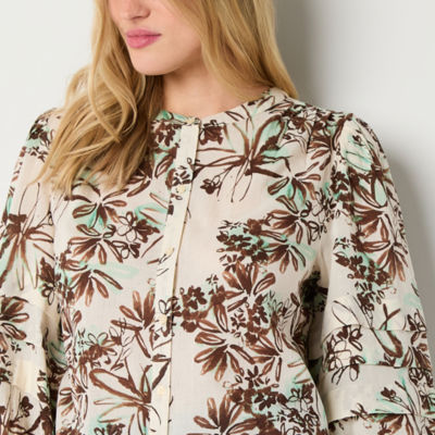 a.n.a Womens Split Crew Neck Long Sleeve Blouse, Color: Faye Floral ...
