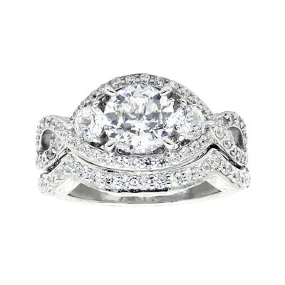 Diamonart® Cubic Zirconia Sterling Silver 3-Stone Bridal Ring Set ...