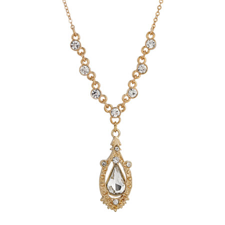 1928 Gold Tone Crystal Suspended Teardrop Necklace