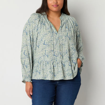 Frye and Co. Plus Womens Split Crew Neck Blouse, Color: Lily Pad Combo ...