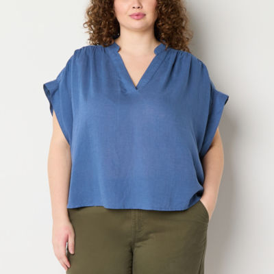 a.n.a Plus Womens Split Crew Neck Short Sleeve Blouse - JCPenney
