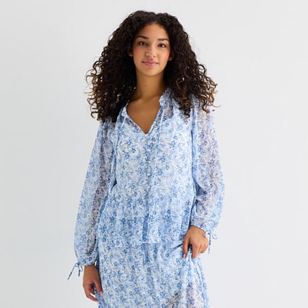 Click here for by&by Womens Juniors Split Tie Neck Long Sleeve Bl... prices