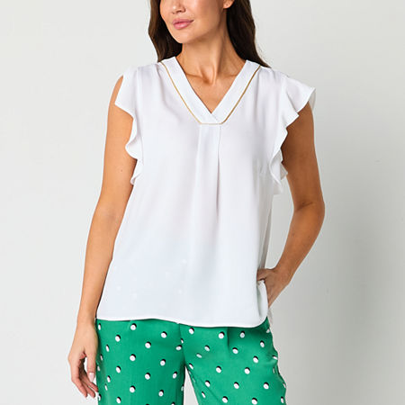 Liz Claiborne Shine Womens V Neck Short Sleeve Blouse  X-large  White