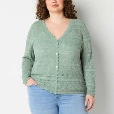 Frye and Co. Plus Womens V Neck Pointelle Button Cardigan, Color ...