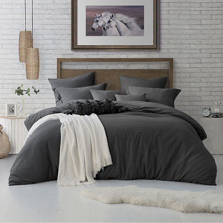 Cathay Home Inc. Microfiber Washed Crinkle Duvet Cover Set  King/California King - Charcoal Grey