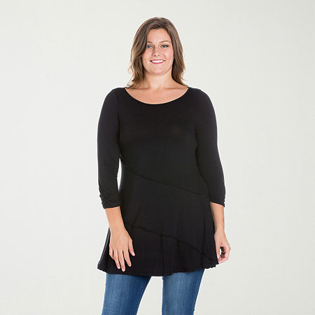 24seven Comfort Apparel Plus Size Ruched Sleeve Swing Tunic Top - Black
