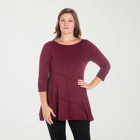 24seven Comfort Apparel Plus Size Ruched Sleeve Swing Tunic Top - Wine