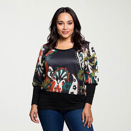 24seven Comfort Apparel Plus Size Paisley Multicolor Print Dolman Sleeve Banded Top - Gray Multi