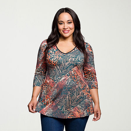 24seven Comfort Apparel Plus Size Animal Print V Neck Three Quarter Sleeve Tunic Top - Brown Multi