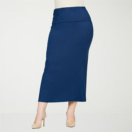 24seven Comfort Apparel Plus Size Comfortable Fold Over Maxi Skirt - Navy