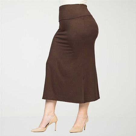 24seven Comfort Apparel Plus Size Comfortable Fold Over Maxi Skirt - Brown