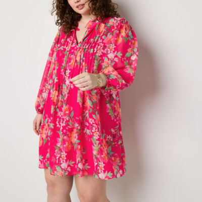Jessica Howard Womens Long Sleeve Floral Plus Shift Dress, Color: Pink ...