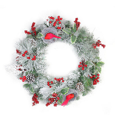 Northlight Berries and Cardinals in Nests Flocked Artificial Christmas Wreath 24 - Inch Unlit - Green