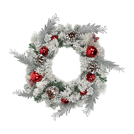 Northlight Flocked Pine with Ornaments and Berries Artificial Christmas Wreath-Unlit - Green