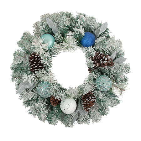 Northlight Flocked Pine with Ornaments Artificial Christmas Wreath-Unlit - Blue