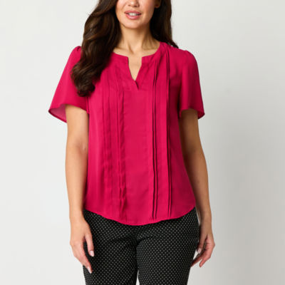 Liz Claiborne Womens Split Crew Neck Short Sleeve Blouse - JCPenney