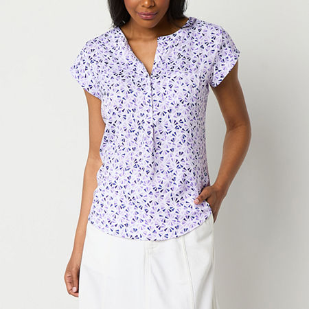 Liz Claiborne Womens Crew Neck Short Sleeve Satin Blouse  Medium  Purple
