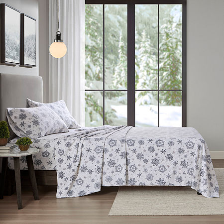 Madison Park Micro-Fleece 4-Pc. Sheet Set  Queen - Grey Snowflake