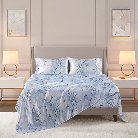 Madison Park Essentials Printed Satin Sheet Set  Twin - Blue Marble